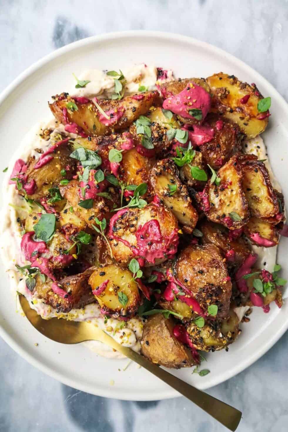 Crispy Dukkah Potatoes with Aioli and Pink Tahini Sauce - Dished by Kate