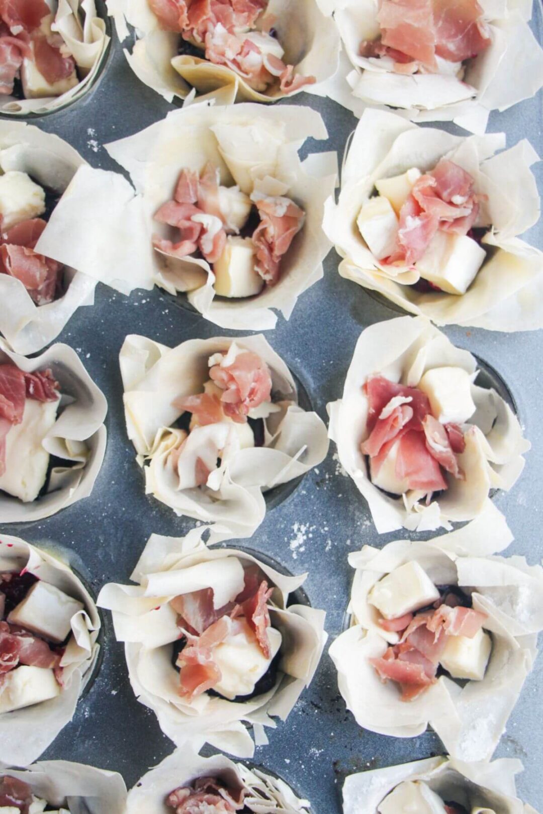 Easy Brie, Cranberry & Prosciutto Filo Bites - Dished by Kate