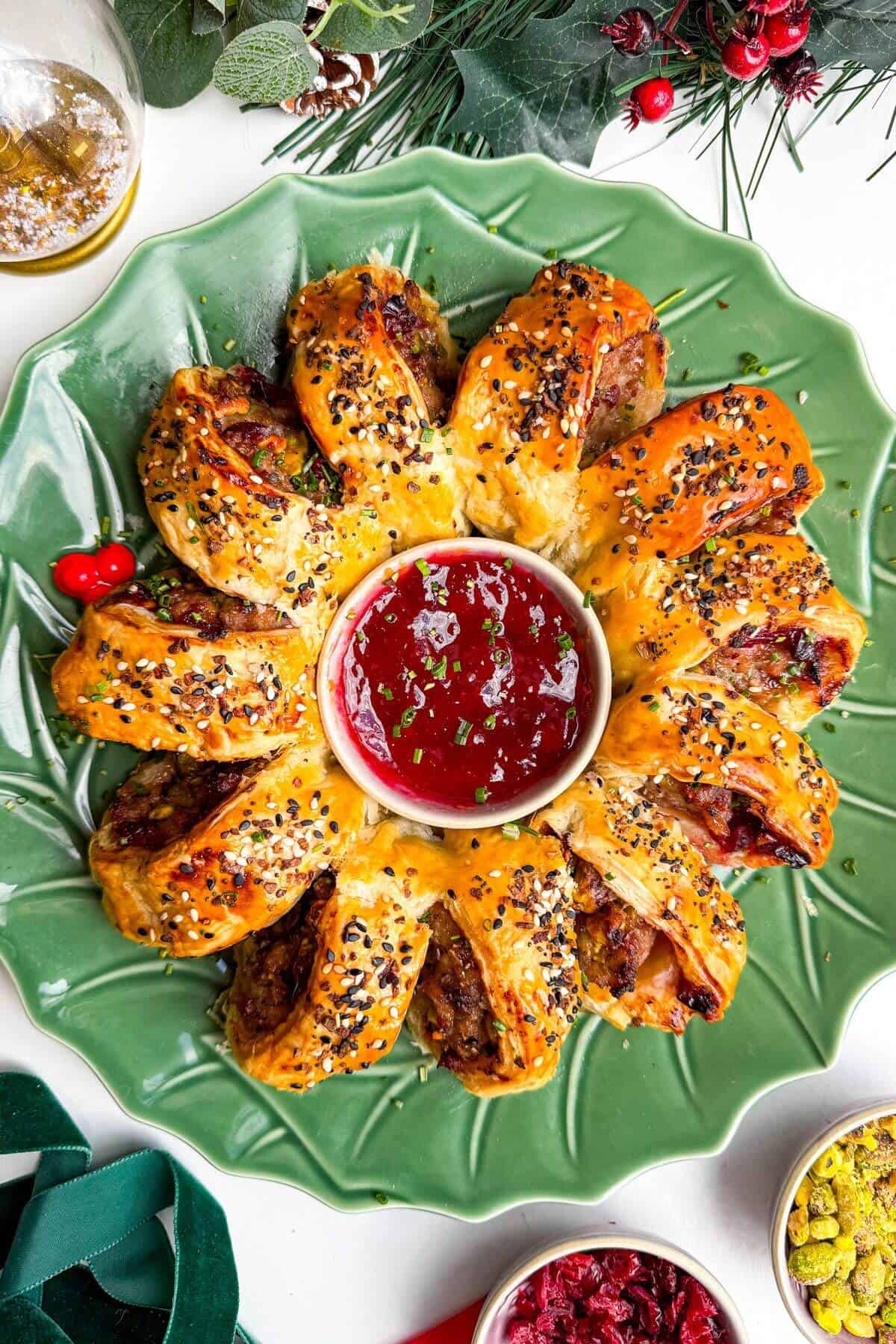 Easy Christmas Sausage Roll Wreath with Cranberries - Dished by Kate