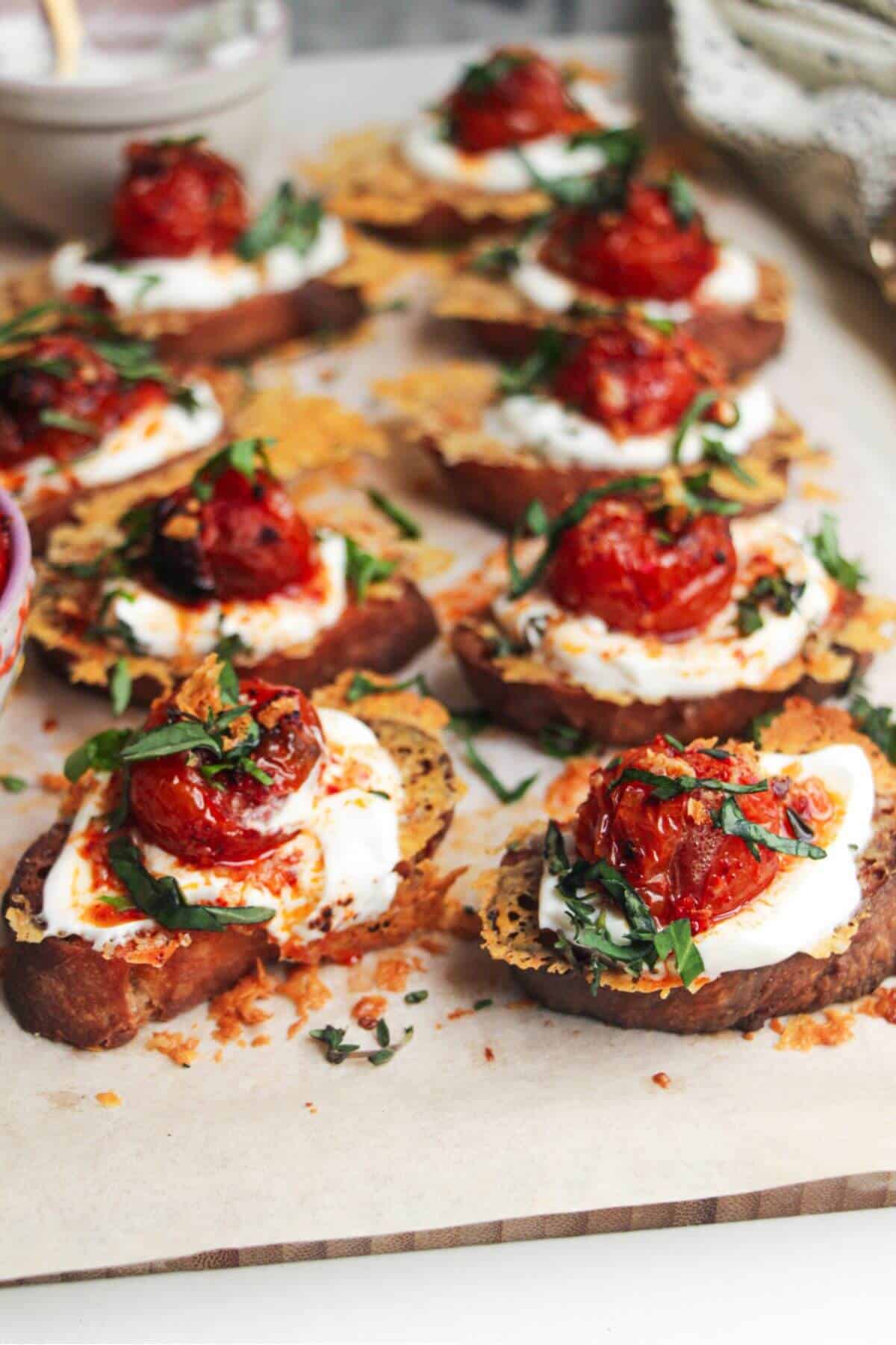 Cheesy Crusted Roasted Tomato Crostini - Dished by Kate