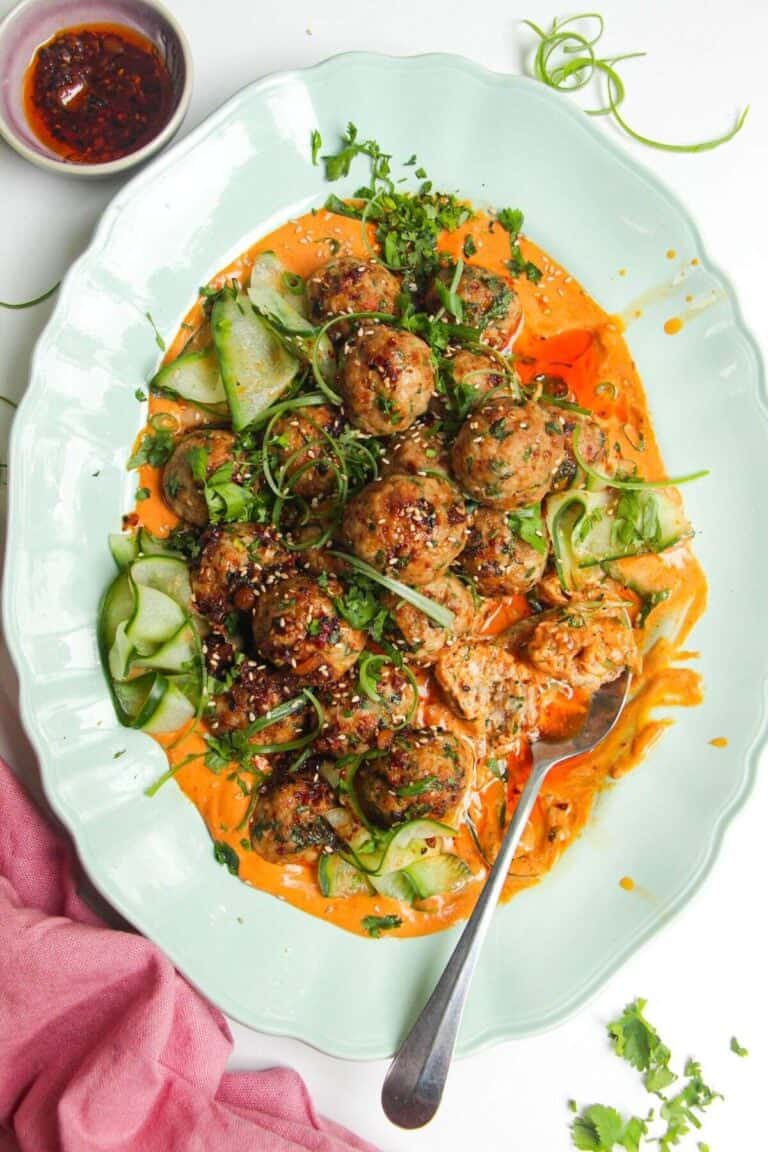Juicy Dumpling Meatballs with Creamy Gochujang Sauce - Dished by Kate